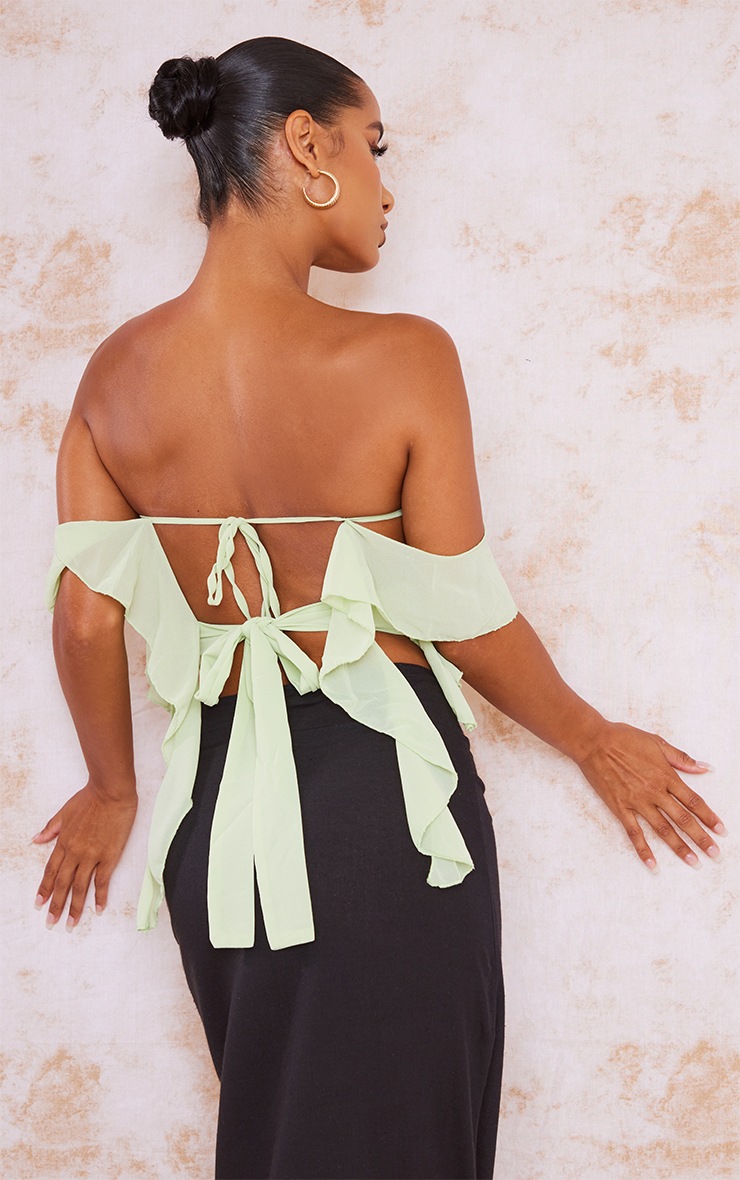 Light Lime Chiffon Frill Bardot Long Top | PrettyLittleThing AUS