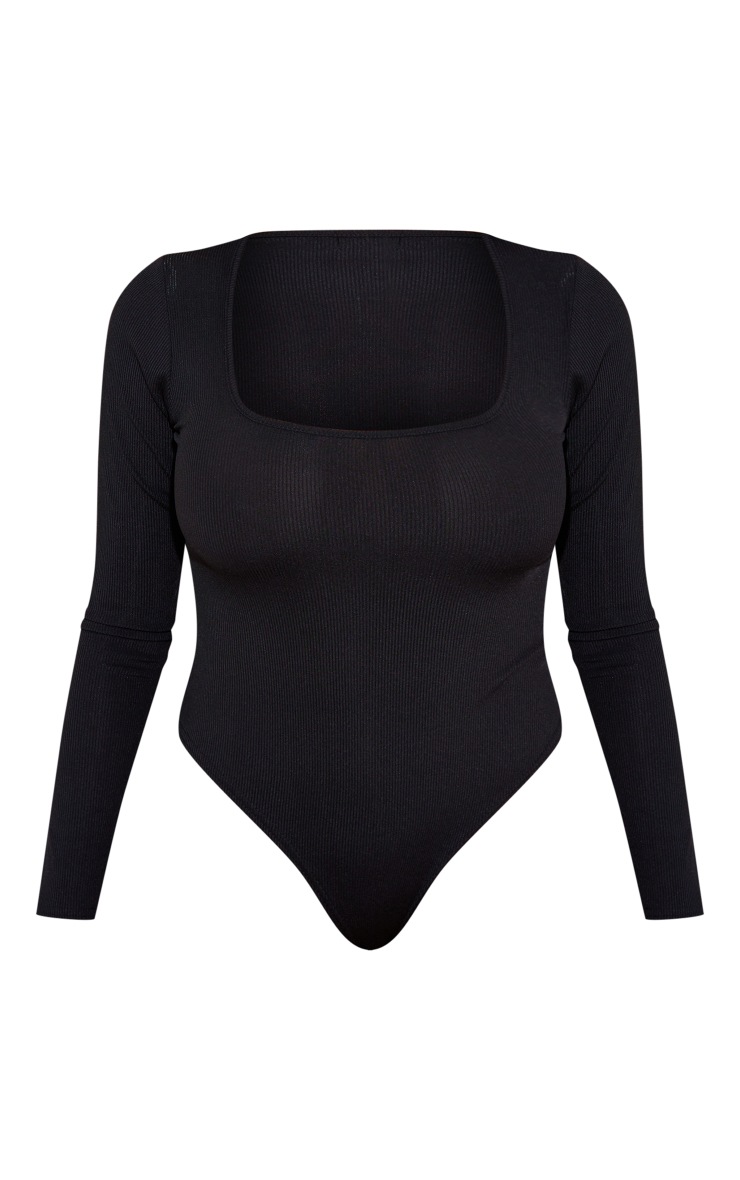 Shape Black Rib Long Sleeve Square Neck Bodysuit | PrettyLittleThing