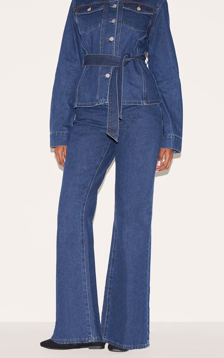 Dark Blue Mid Waist Contrast Stitch Flared Jeans | Denim | PLT