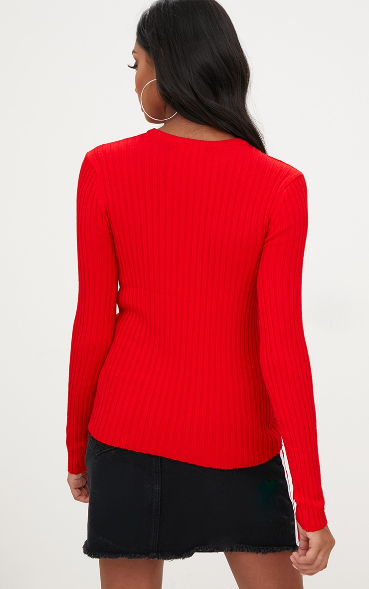Red Ribbed Crew Neck Jumper | Knitwear | PrettyLittleThing
