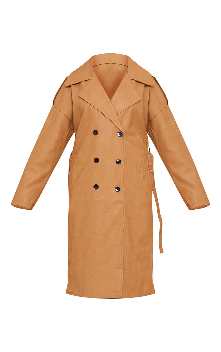 Camel Faux Leather Drop Arm Midi Trench | Outerwear | PLT