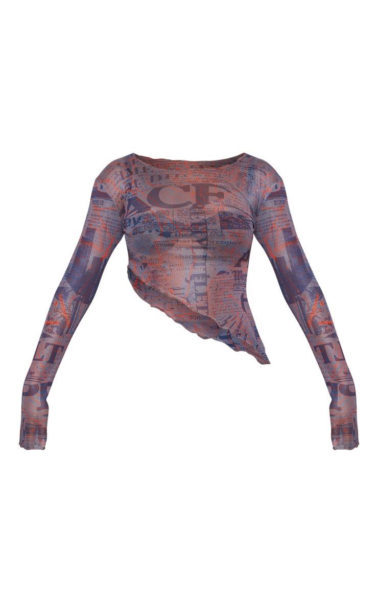 Grey Long Sleeve Asymmetric Hem Mesh Printed Top | PrettyLittleThing USA