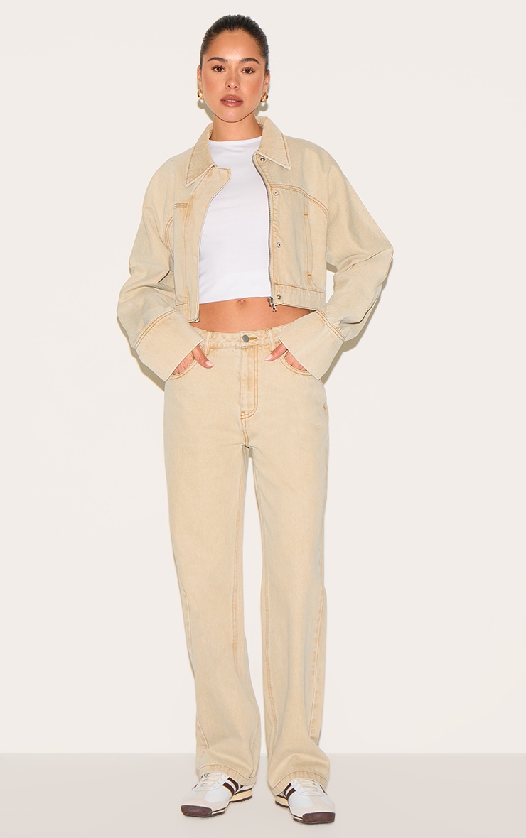 Washed Stone Crop Deep Cuff Concealed Crop Jacket | Denim | PrettyLittleThing USA