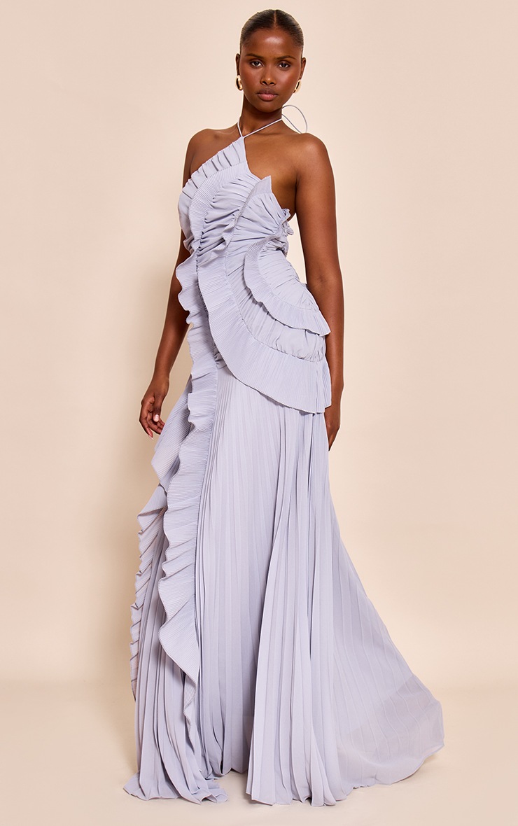 Blue Grey Pleated Frill Halterneck Maxi Dress | Dresses | PrettyLittleThing USA