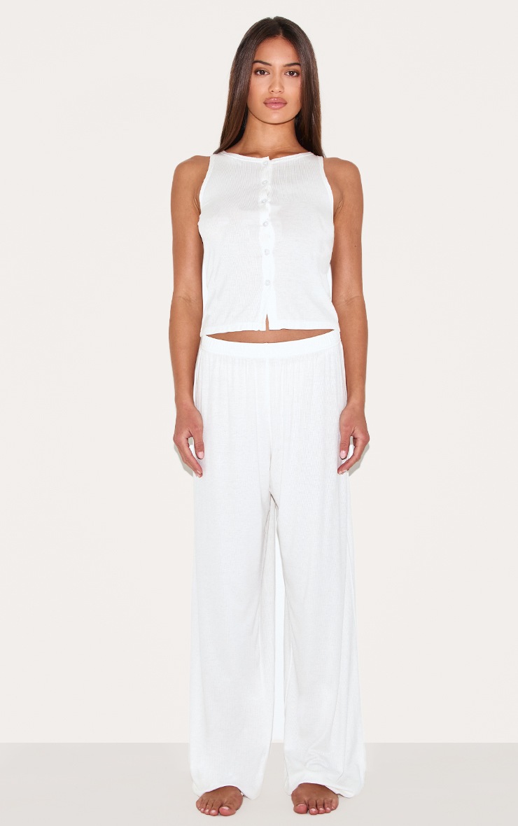 White Ribbed Button Vest Long Pj Set | Lingerie & Nightwear ...