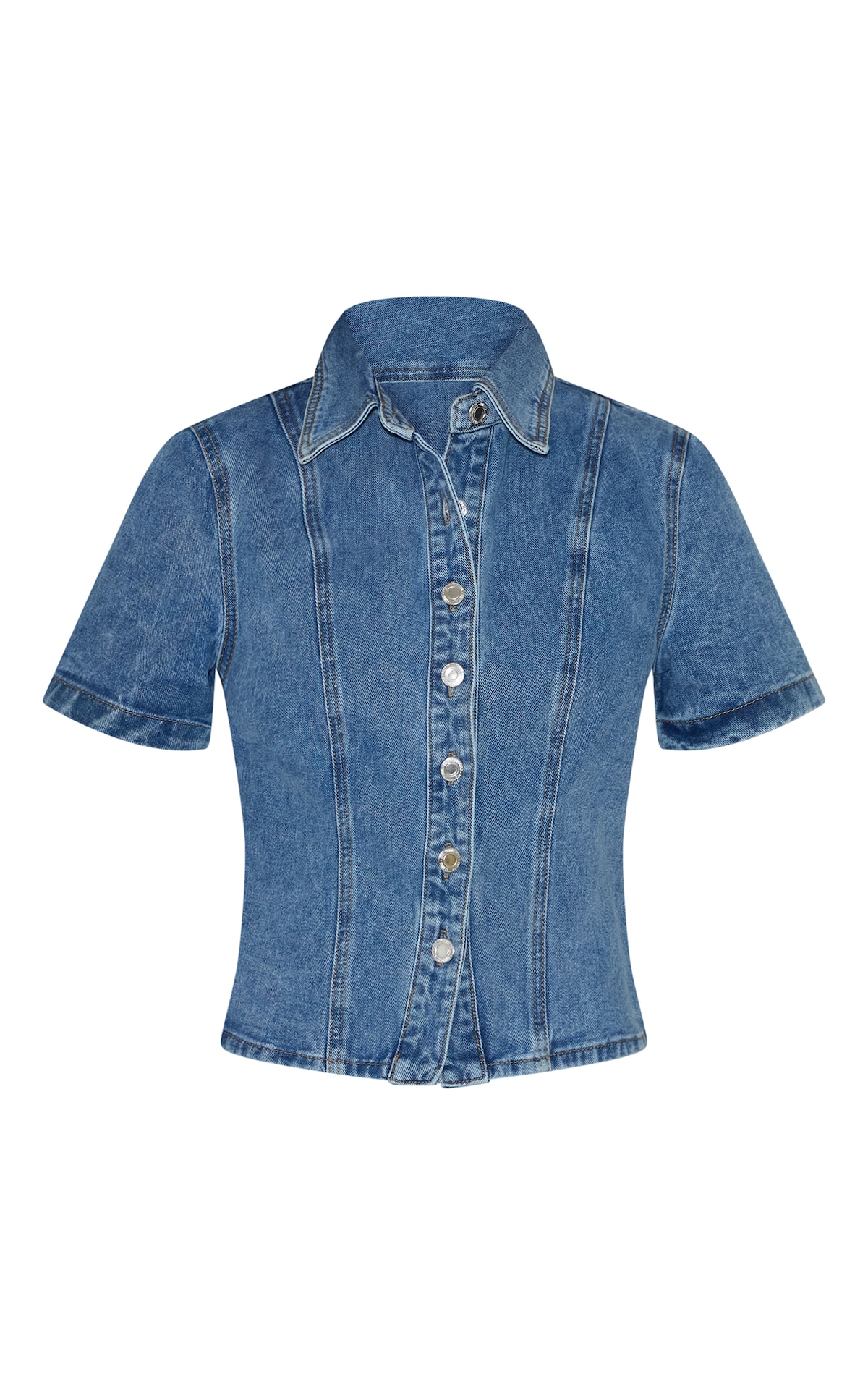 Mid Blue Wash Short Sleeve Fitted Denim Shirt | Denim | PLT