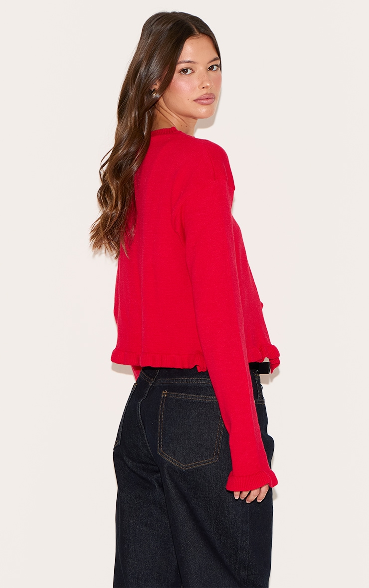Red Knit Ruffle Detail Cardigan | Knitwear | PLT USA