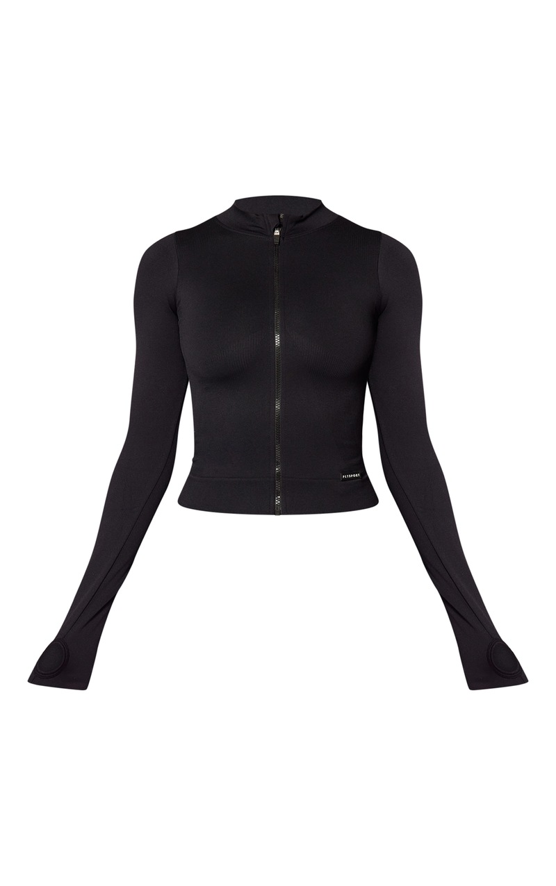 Black Seamless Rib Detail Jacket | Activewear | PrettyLittleThing