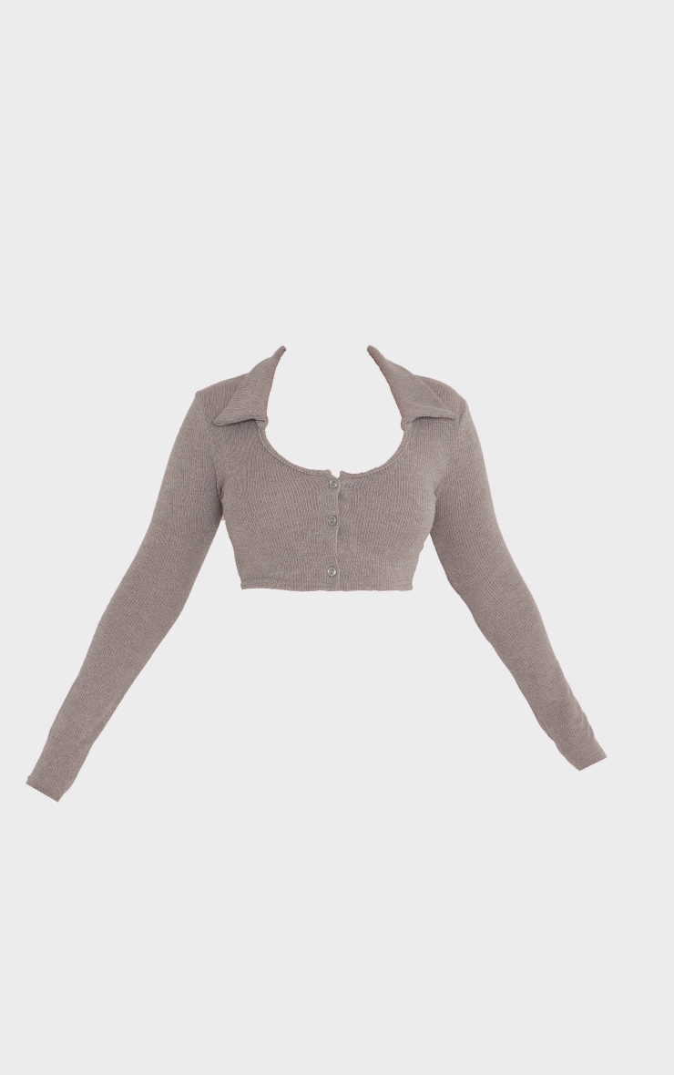 Grey Marl Rib Button Up Collared Crop Top | PrettyLittleThing USA