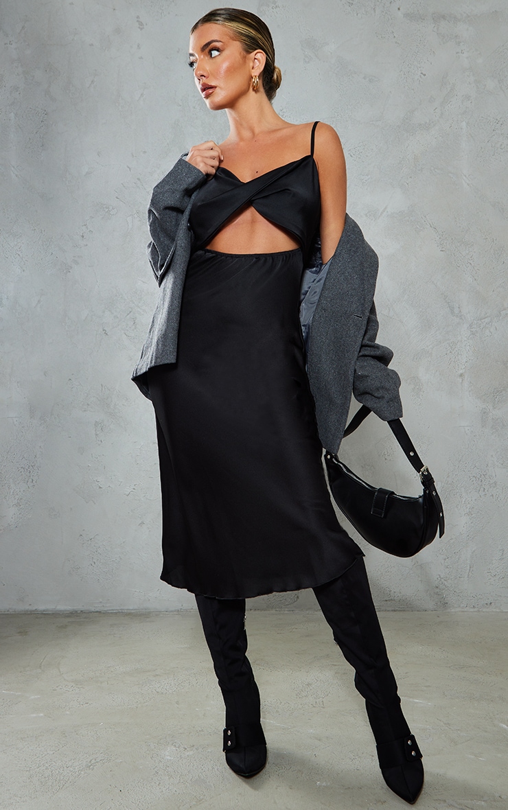 Black Satin Twist Front Midi Slip Dress | PrettyLittleThing