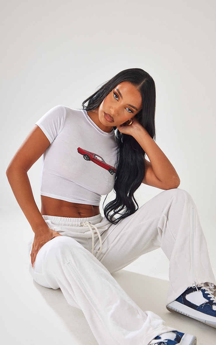 White Car Print Fitted Crop T Shirt | Tops | PrettyLittleThing