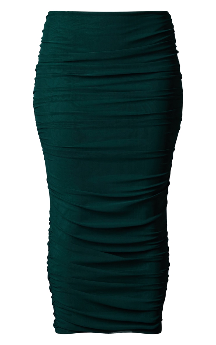 Pine Green Sheer Mesh Extreme Ruched Midi Skirt | PrettyLittleThing