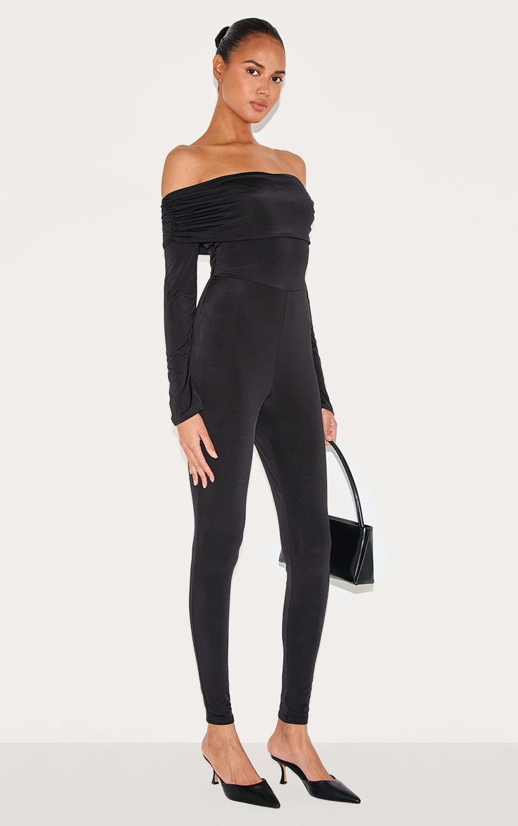 Black Double Layer Slinky Bardot Skinny Jumpsuit | Dresses | PLT