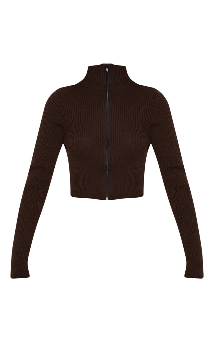 Brown Zip Through Knitted Top | Knitwear | PrettyLittleThing USA
