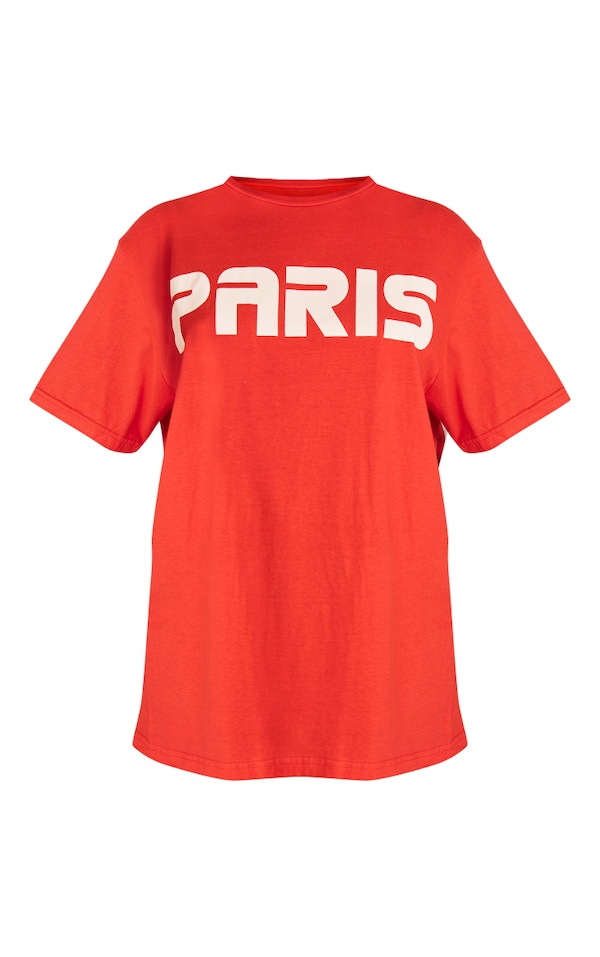 Red Paris Print Oversized T Shirt | Tops | PrettyLittleThing USA