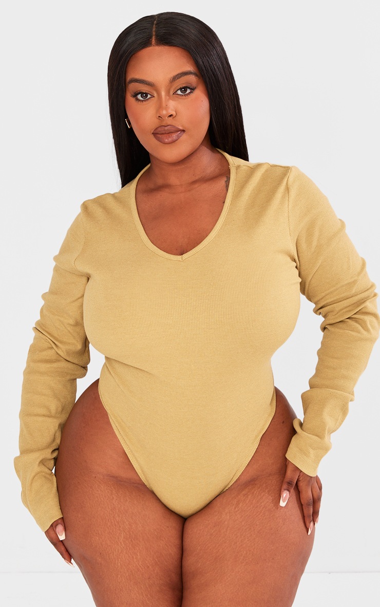 Plus Olive Green Basic Rib Long Sleeve Bodysuit | Plus Size | PLT USA