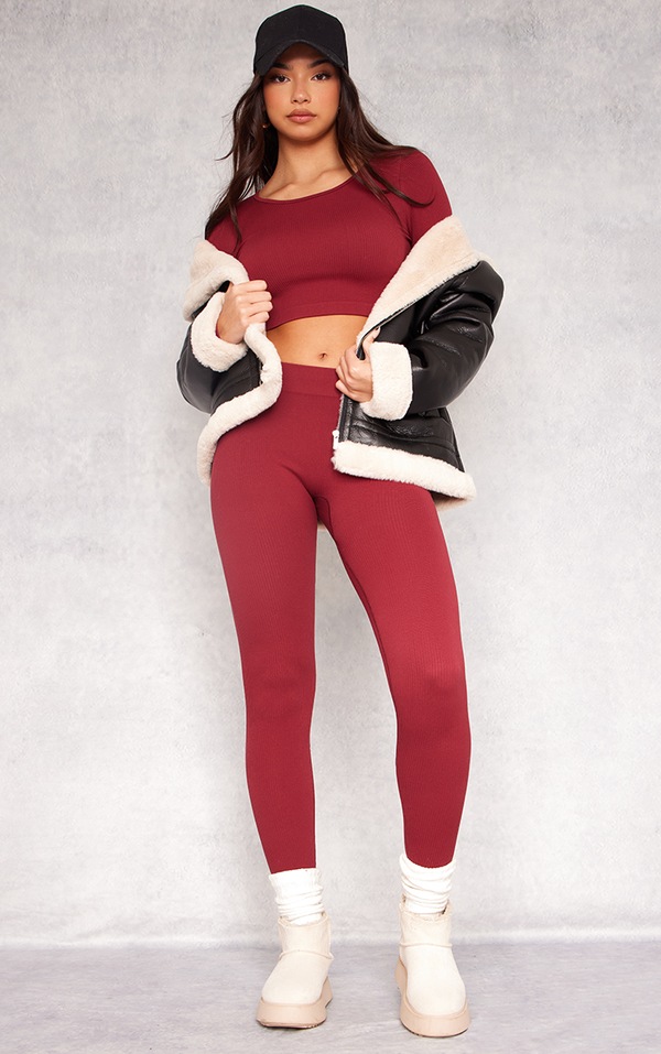 Red Structured Contour Rib Round Neck Crop Top | PrettyLittleThing