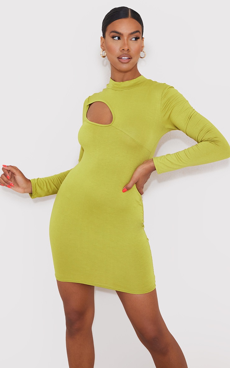 Olive Cut Out High Neck Long Sleeve Bodycon Dress | Dresses ...