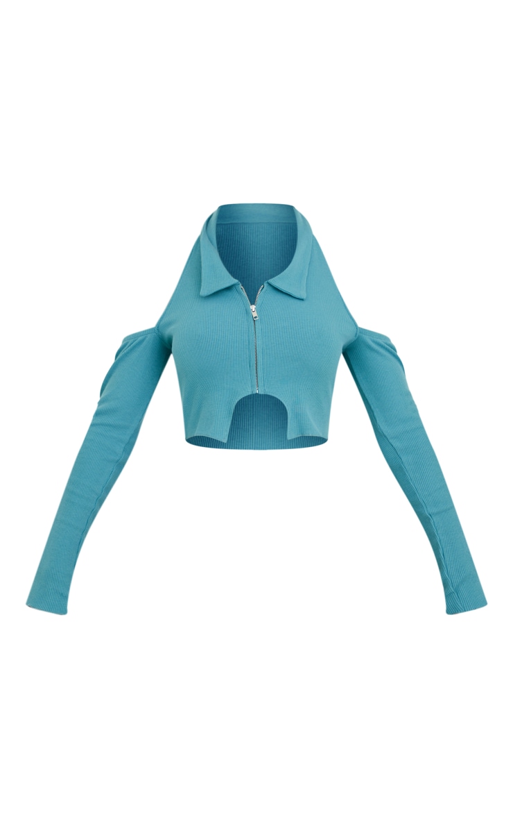 Teal Rib Collar Cold Shoulder Zip Up Crop Top | Tops | PLT USA