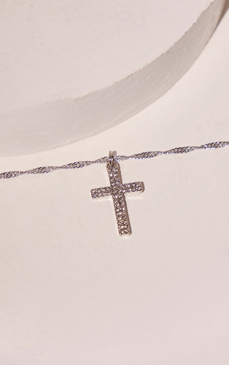 Silver Diamante Cross Twist Chain Necklace | PrettyLittleThing USA