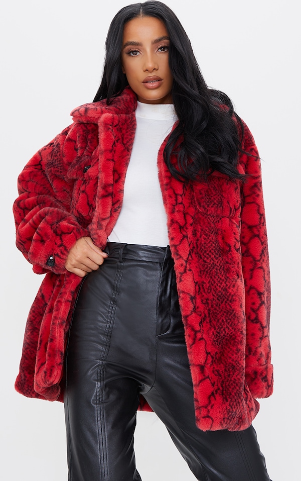 Red Snake Print Faux Fur Coat | Outerwear | PLT