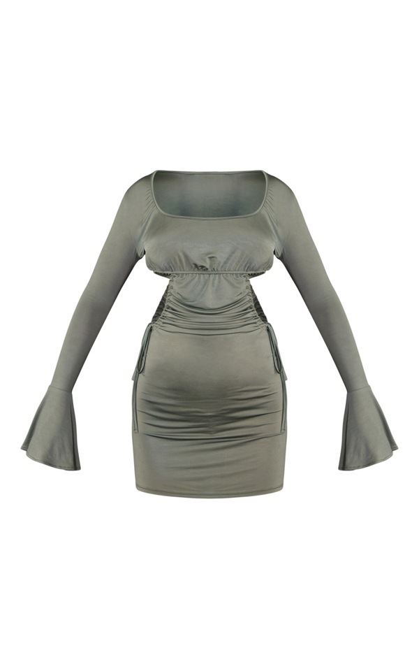 Khaki Slinky Cut Out Flare Sleeve Bodycon Dress | Dresses | PLT