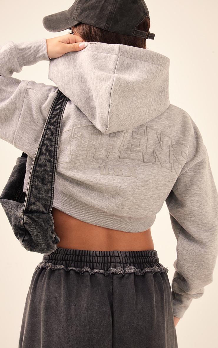 Grey Marl Athens Puff Print Cropped Hoodie | Athleisure | PLT