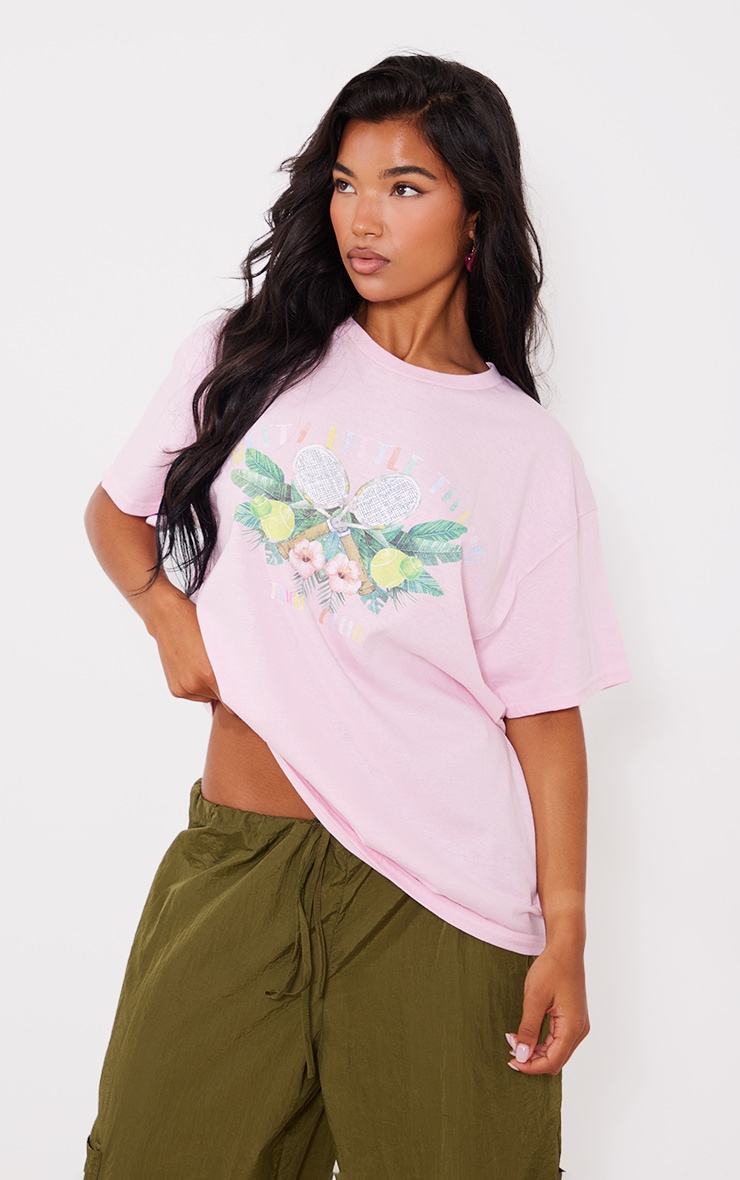 PLT Baby Pink Floral Tennis Club Oversized T Shirt | Tops | PLT