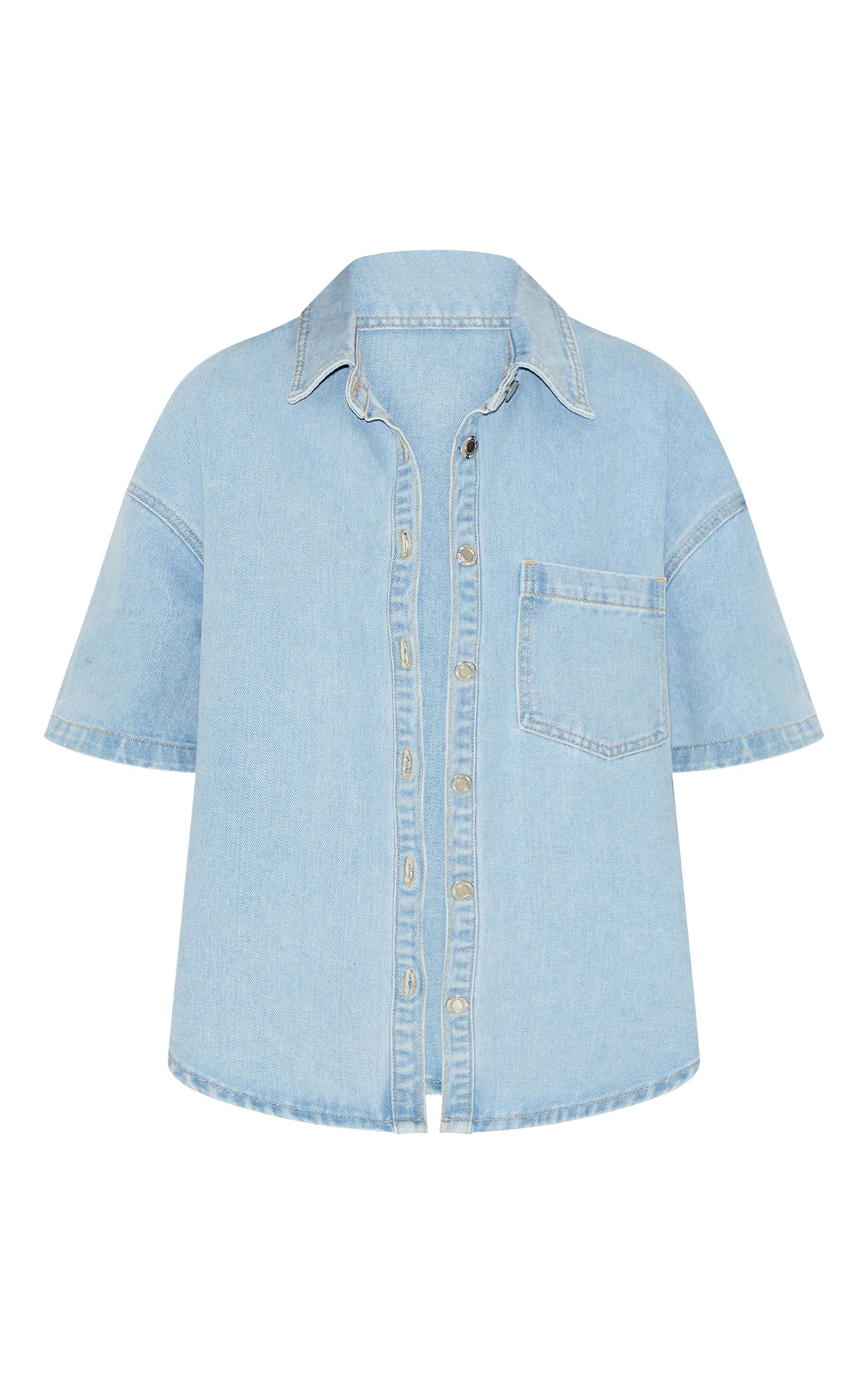 Light Blue Short Sleeved Boxy Style Denim Shirt | Denim | PLT USA