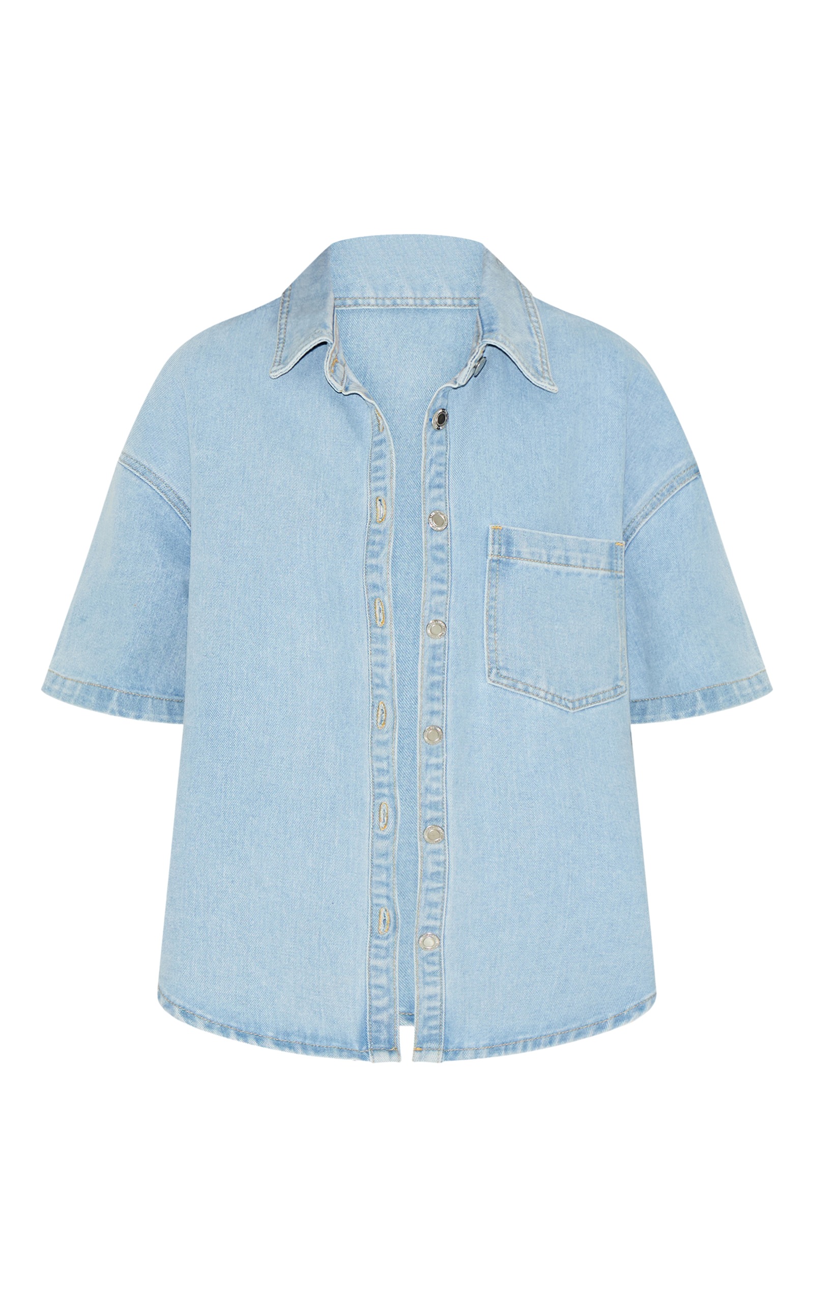 Light Blue Short Sleeved Boxy Style Denim Shirt | Denim | PLT USA