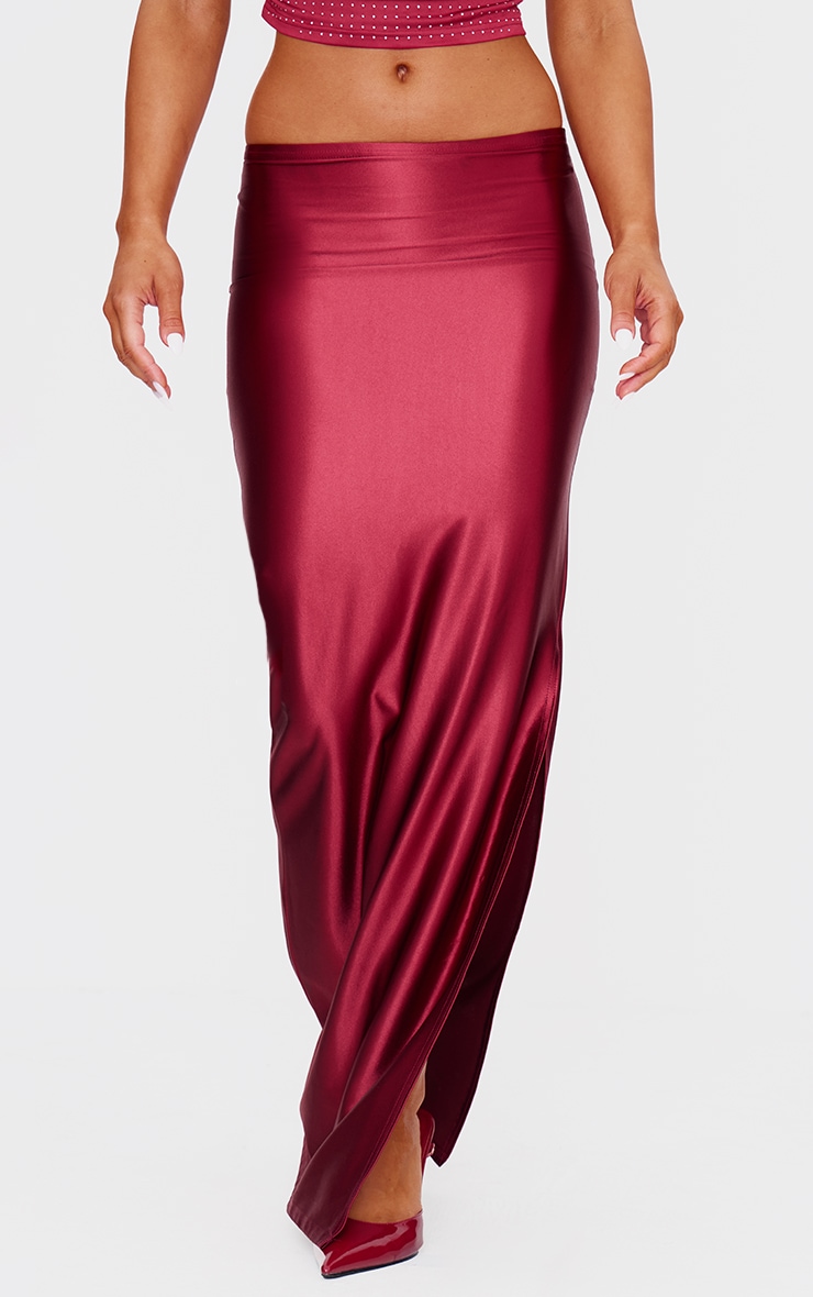 Burgundy Stretch Satin Split Side Maxi Skirt Bottoms Prettylittlething