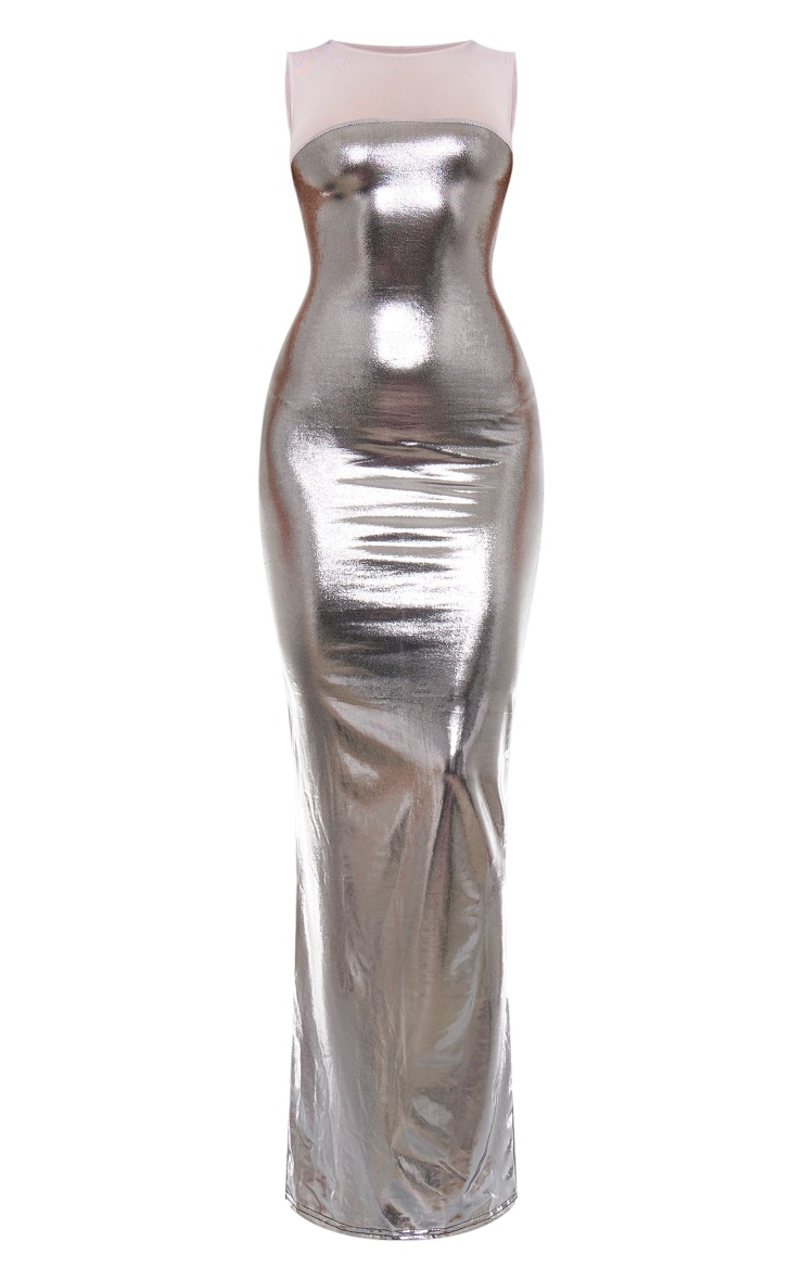 Silver Metallic Slinky Mesh Panel Racer Maxi Dress | Dresses | PLT