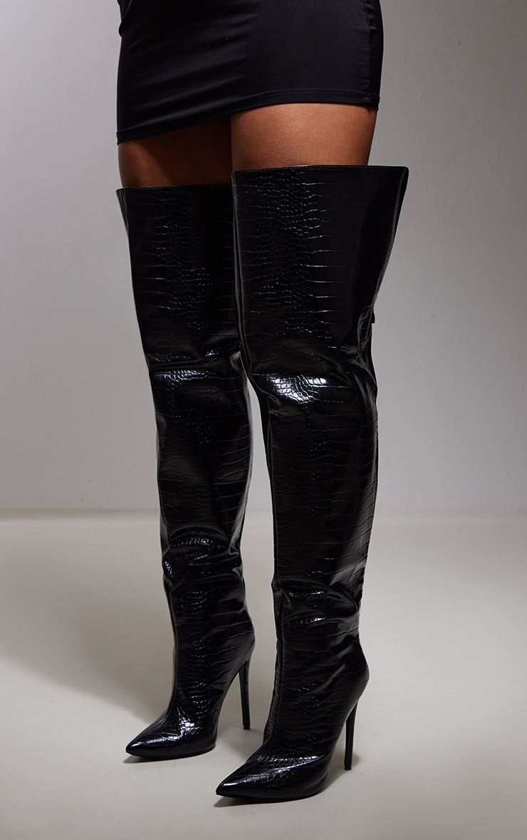 Black Croc Pointed High Heel Over The Knee Boots | Footwear ...