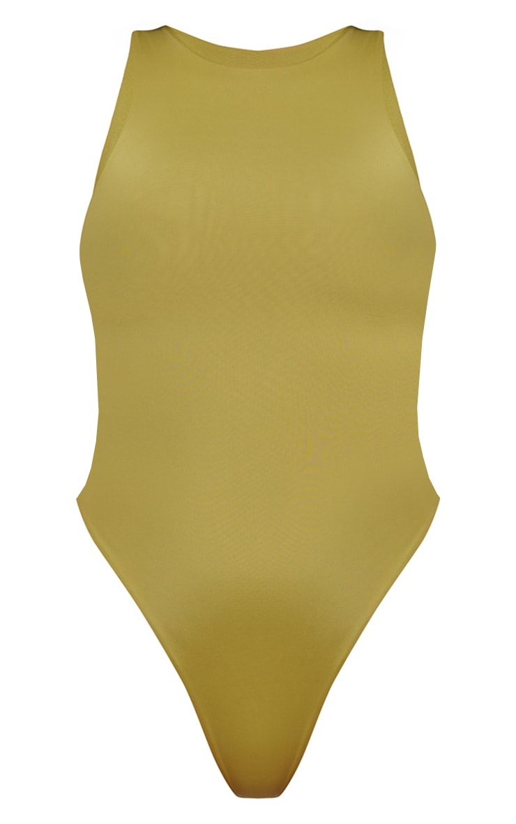 Khaki Slinky Racer Bodysuit | Tops | PrettyLittleThing CA