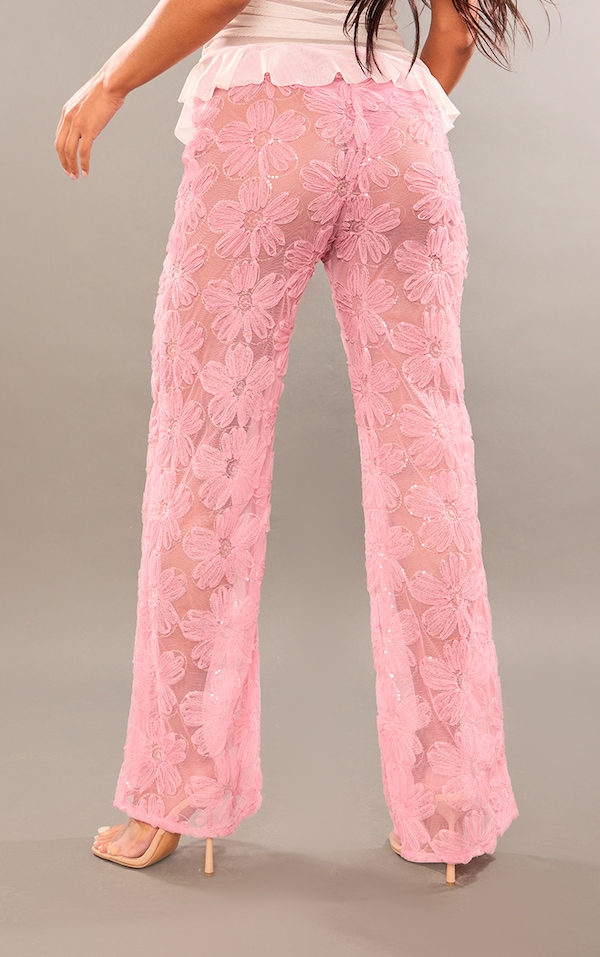 Pink Flower Sequin Sheer Trousers Bottoms Prettylittlething