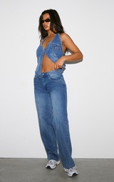 Mid Blue Halterneck Denim Vest | Denim | PrettyLittleThing USA