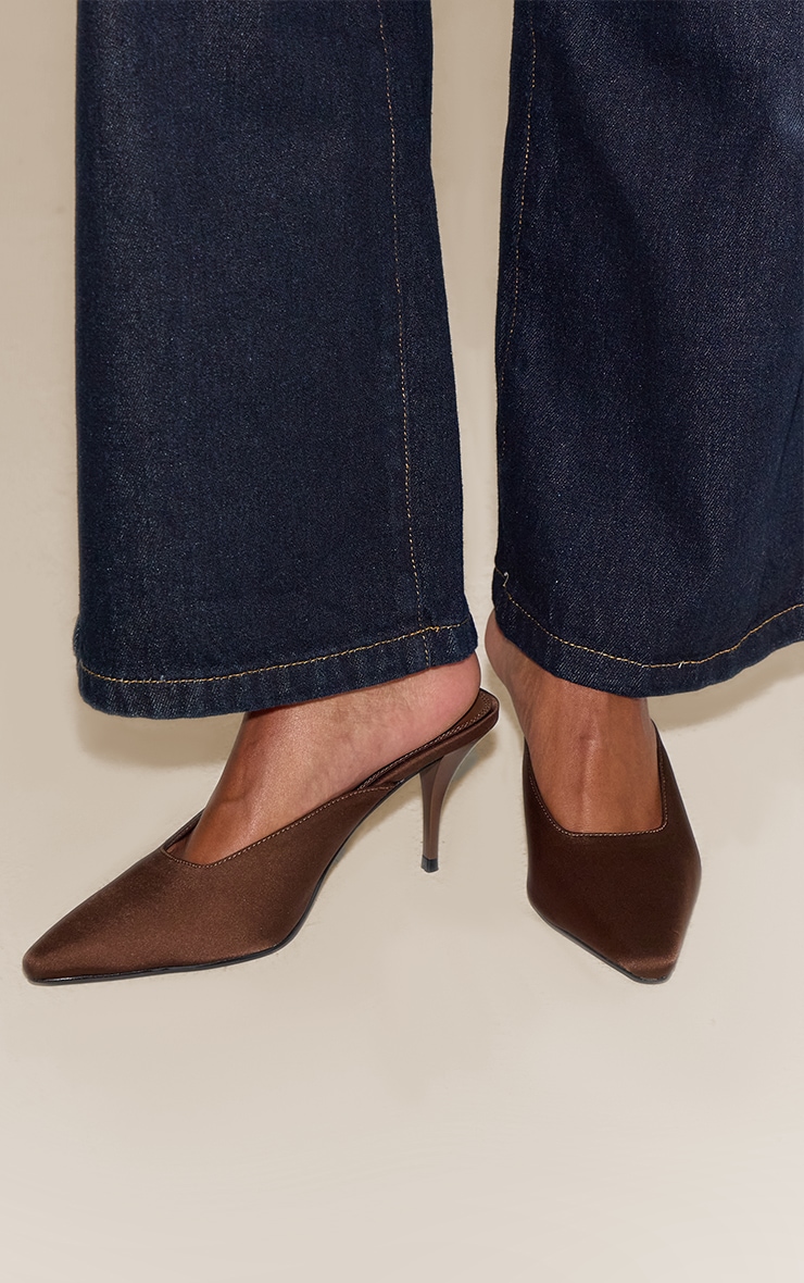 Chocolate Satin Squared Chiseled Toe Court Mules | Footwear | PLT
