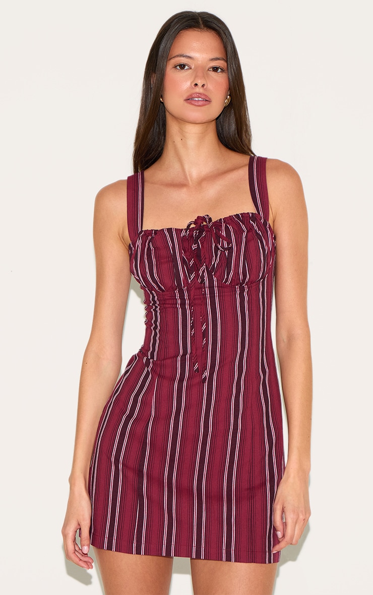 Burgundy Pinstripe Tie Detail Shift Dress | Dresses | PrettyLittleThing AUS