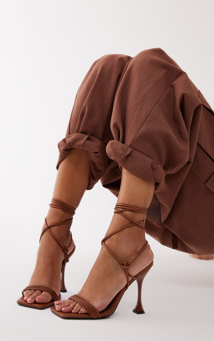 Toffee Square Toe Triple Strap Mid Heeled Sandals | Footwear | PLT