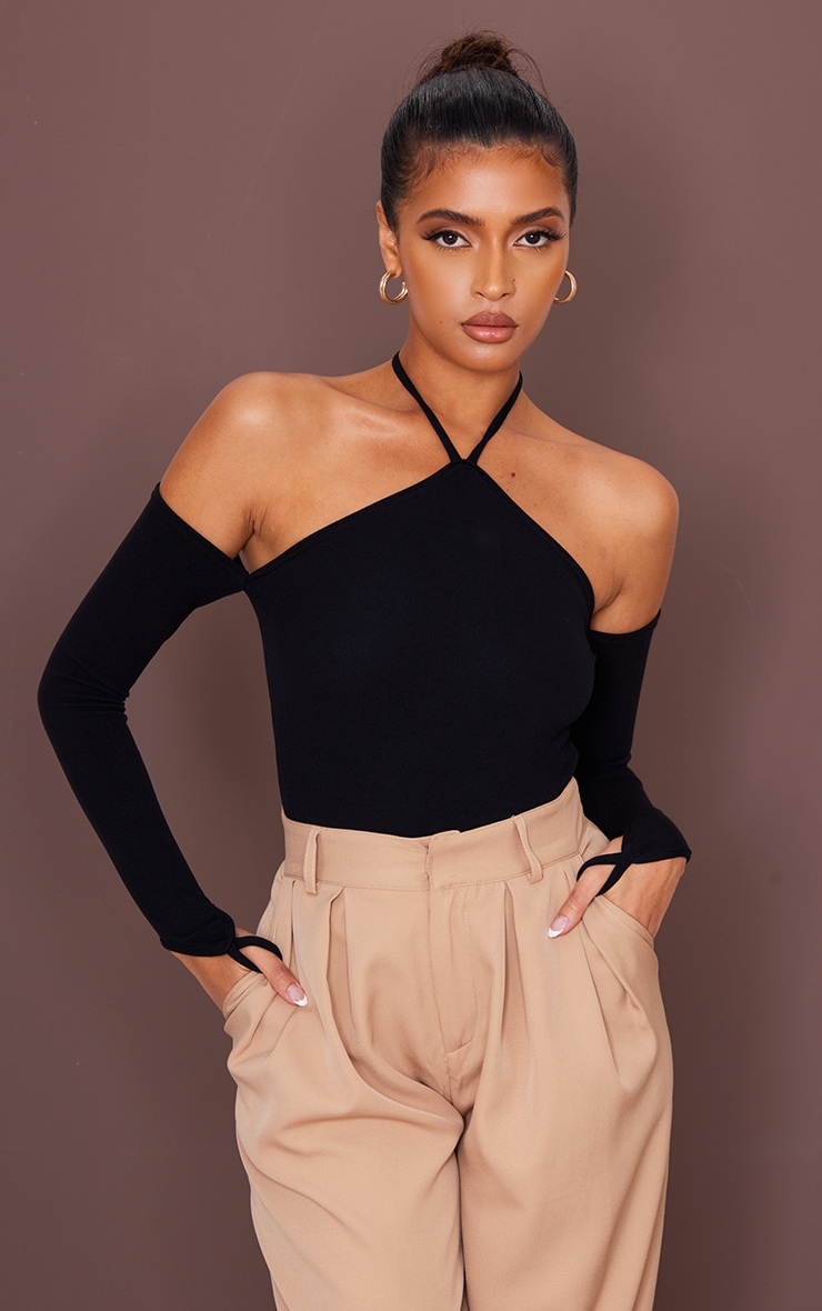 Black Textured Halter Cold Shoulder Bodysuit | Tops | PLT