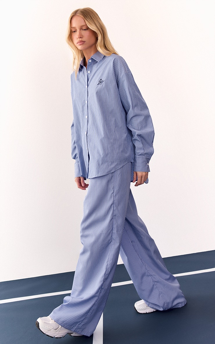 Blue Embroidered Drawstring Stripe Trouser | Bottoms | PLT