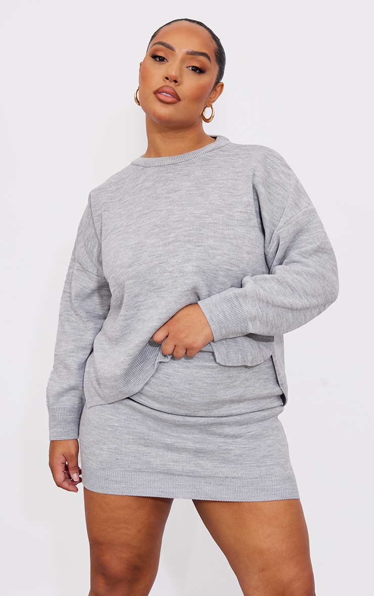 Plus Grey Knitted Side Split Sweater | PrettyLittleThing USA