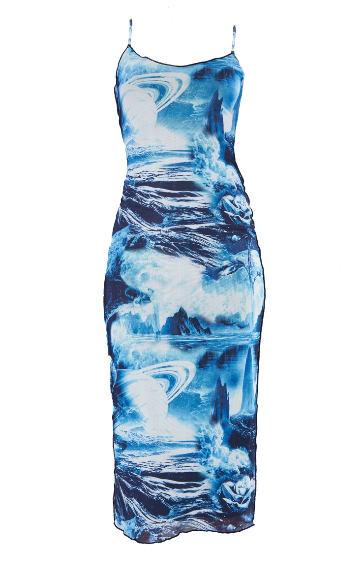 Blue Moon Print Mesh Tie Strap Midaxi Dress | PrettyLittleThing USA