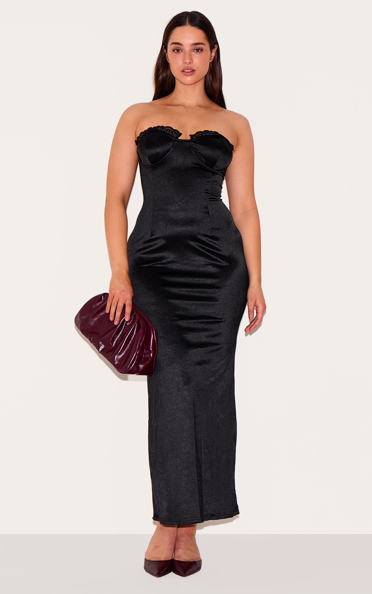 Shape Black Satin Lace Trim Tie Back Maxi Dress | Shape | PrettyLittleThing