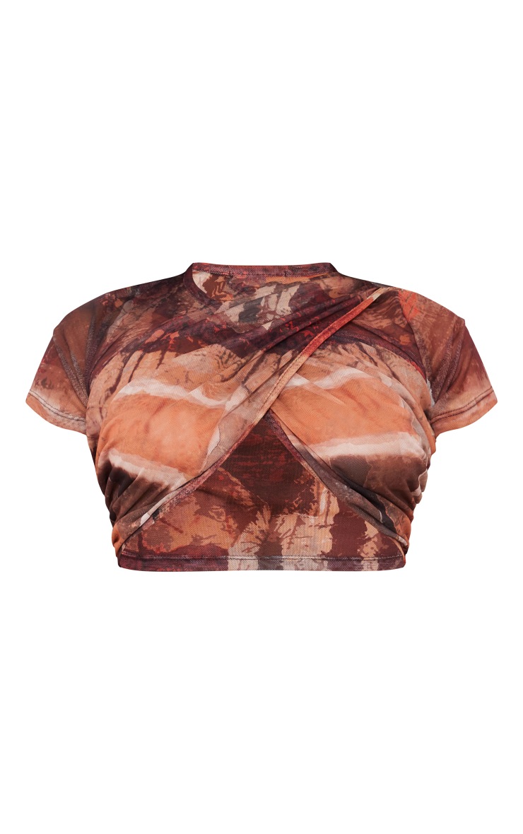 Brown Printed Mesh Cross Over Front Crop Top | Co-ords ...