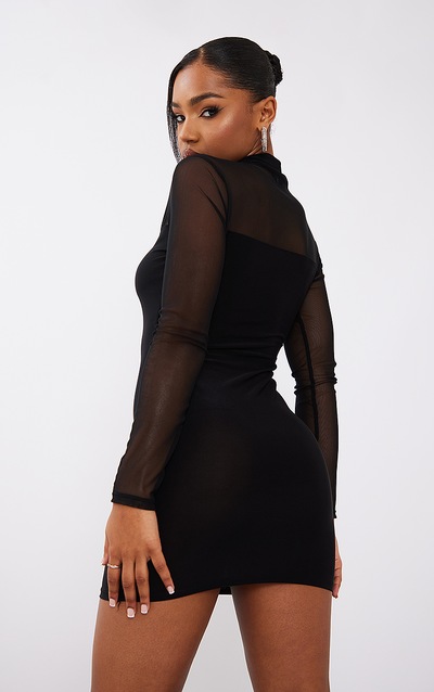 Black Slinky Mesh Insert Long Sleeve Bodycon Dress | Dresses | PLT USA