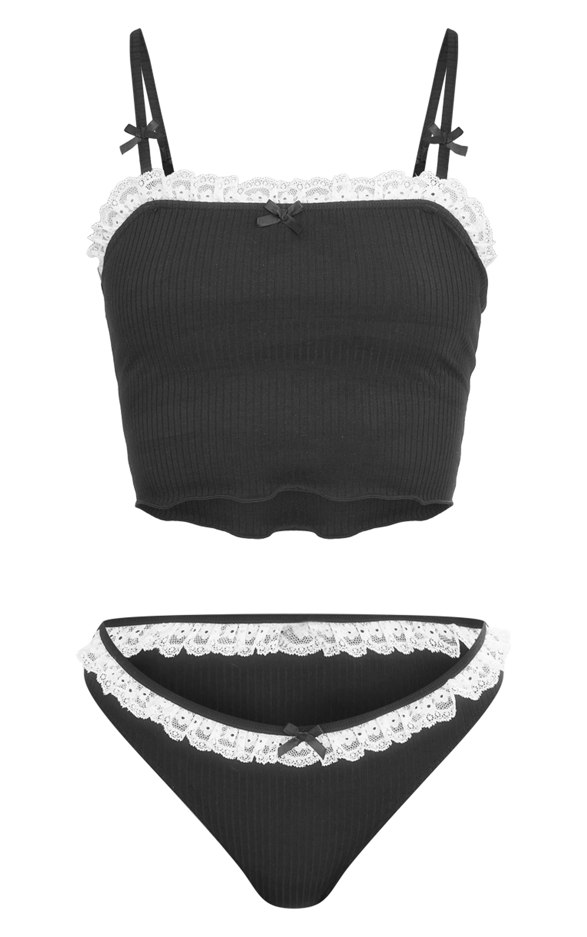 Black Ribbed Lace Trim Cami And Brief Pj Set Lingerie And Nightwear Prettylittlething Usa