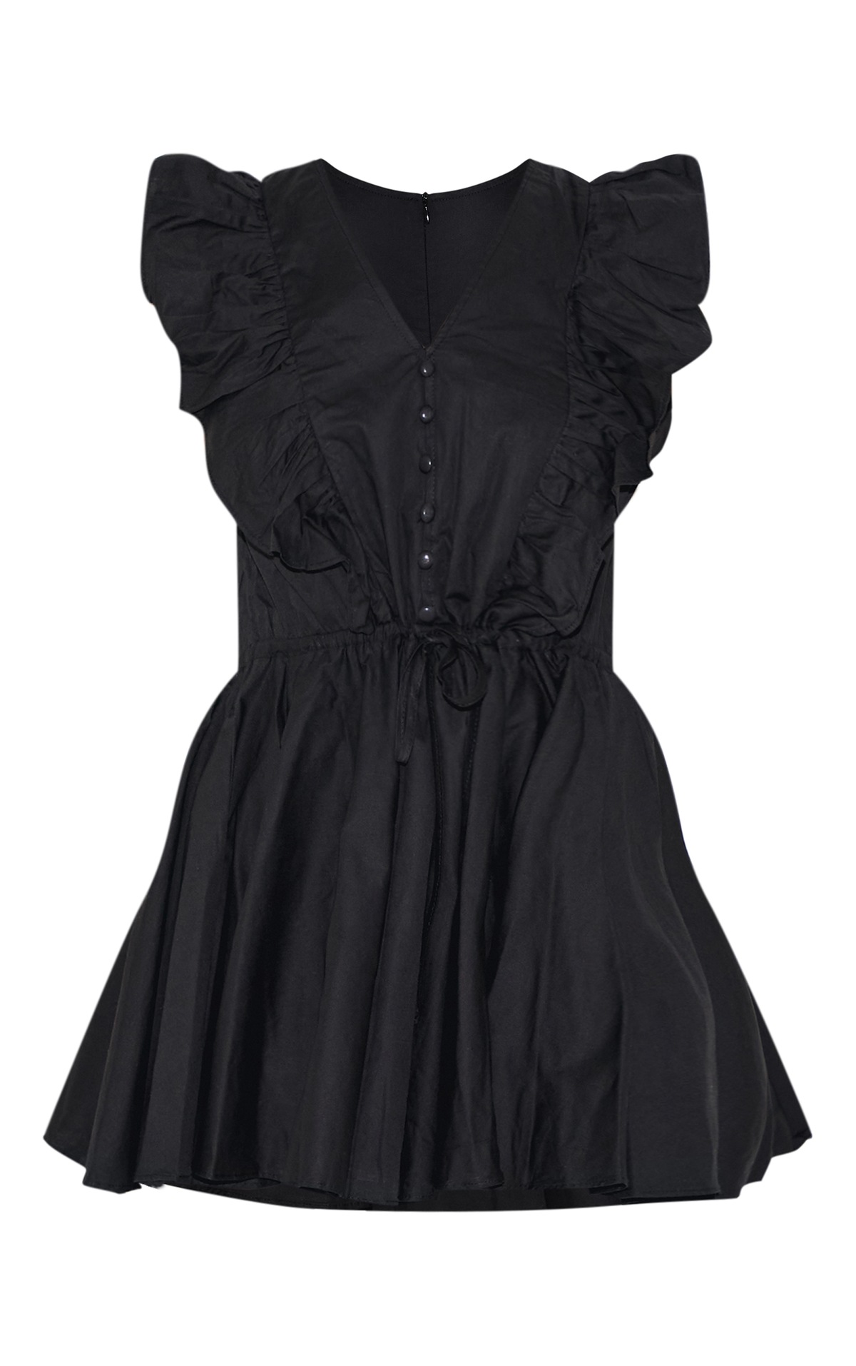 Black Poplin Button Detail Flare Short Playsuit | Jumpsuits & Playsuits ...