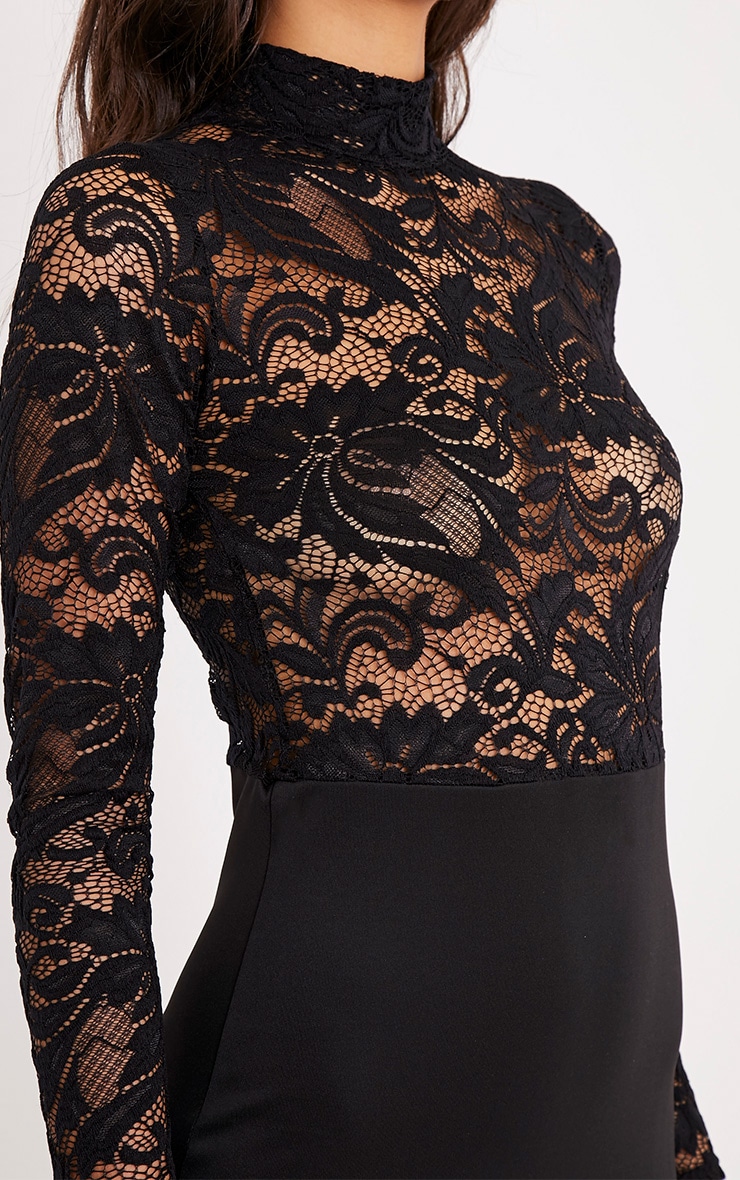 Izzie Black Sheer Lace Top Bodycon Dress | Dresses | PrettyLittleThing