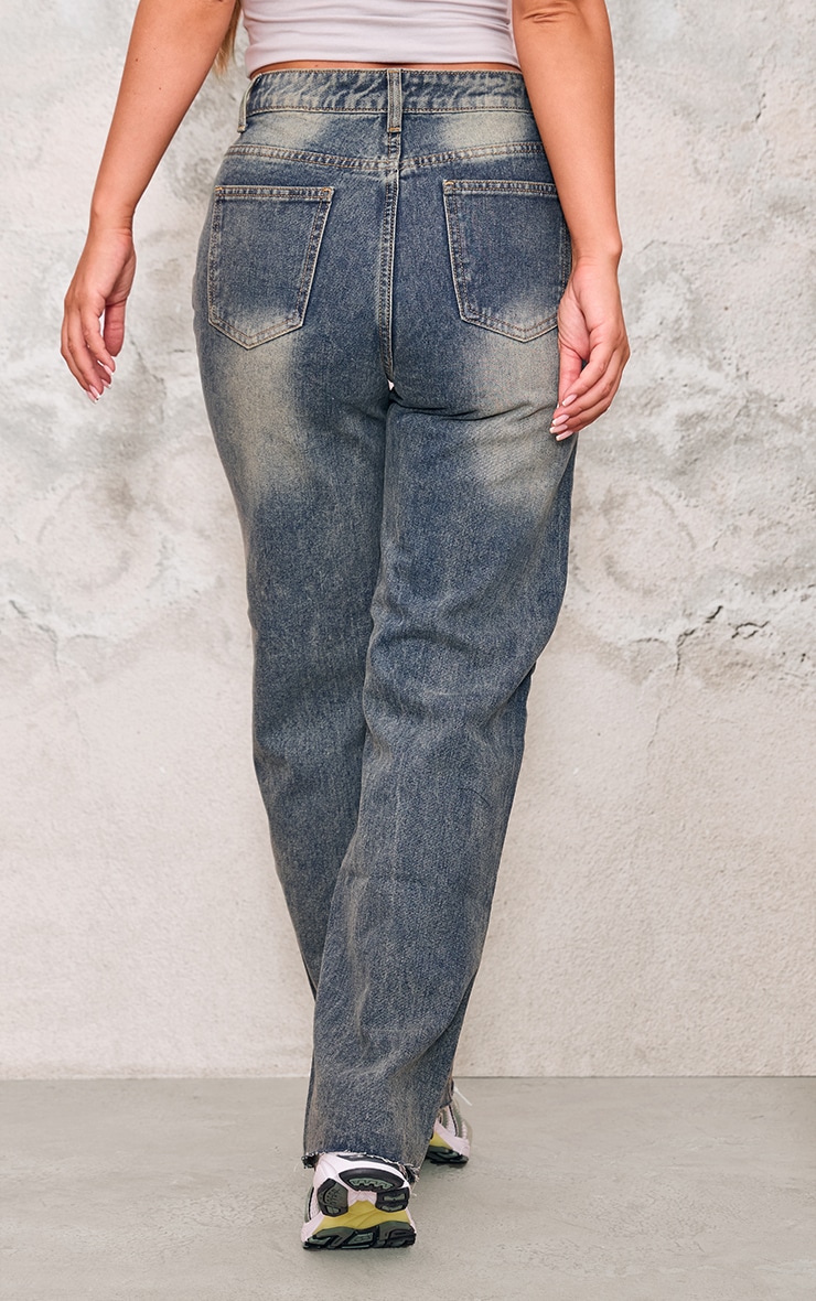 Indigo Vintage Wash Frayed Hem Straight Leg Jeans | Denim | PLT